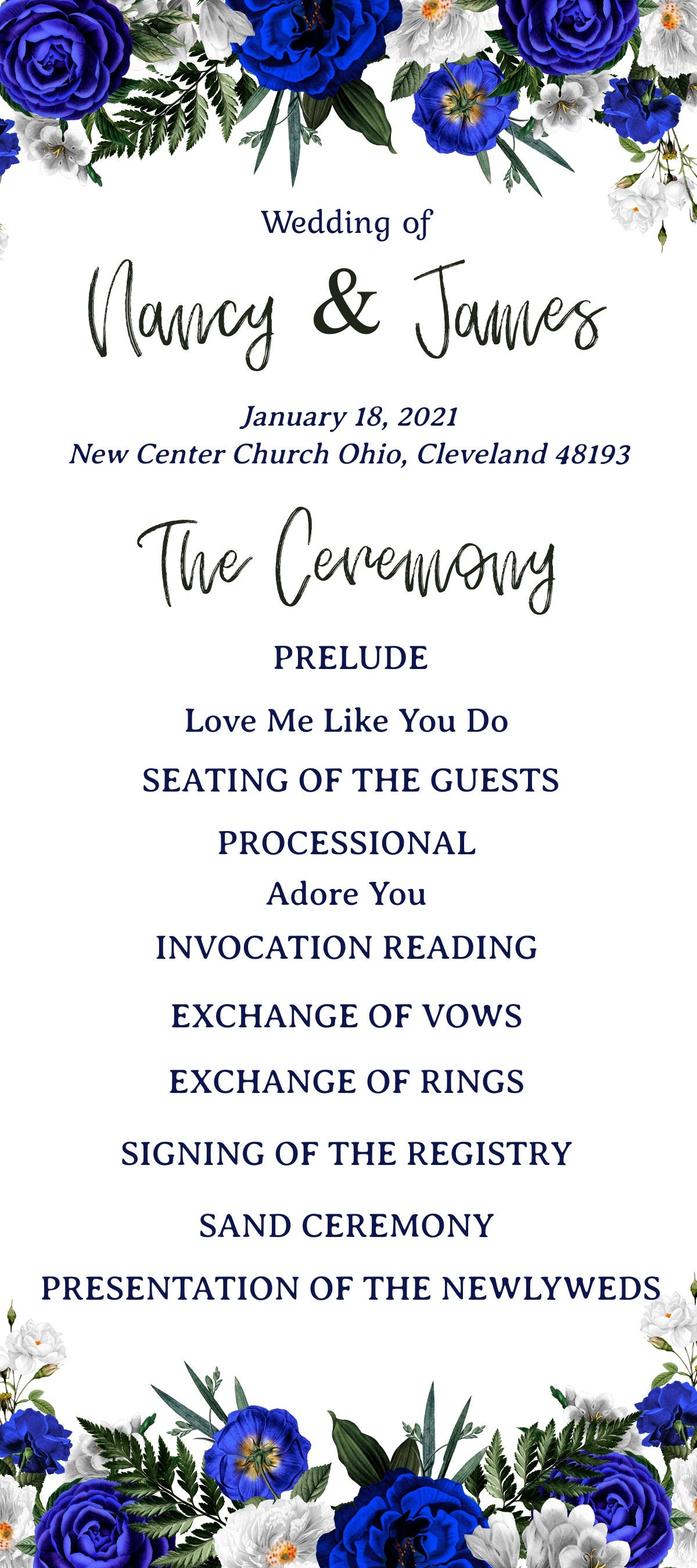 Royal Blue Floral Wedding Program 4x9 - Etsy