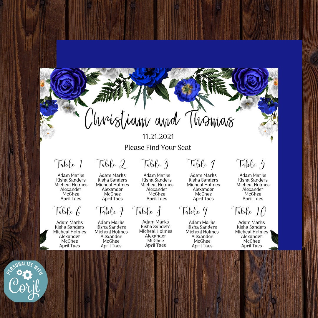 Wedding Seating Chart Royal Blue Editable Template Digital - Etsy