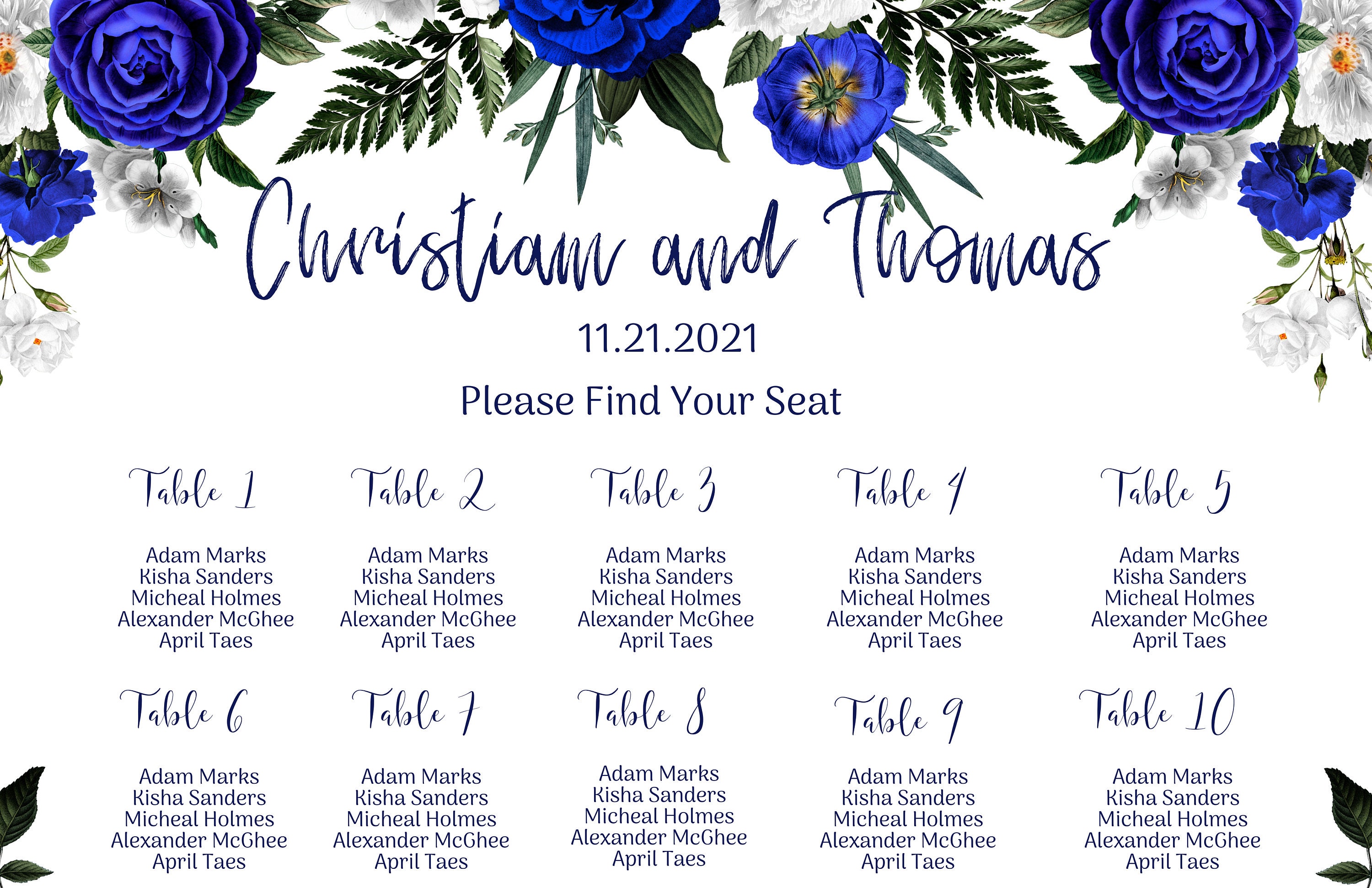 Wedding Seating Chart Royal Blue Editable Template Digital - Etsy
