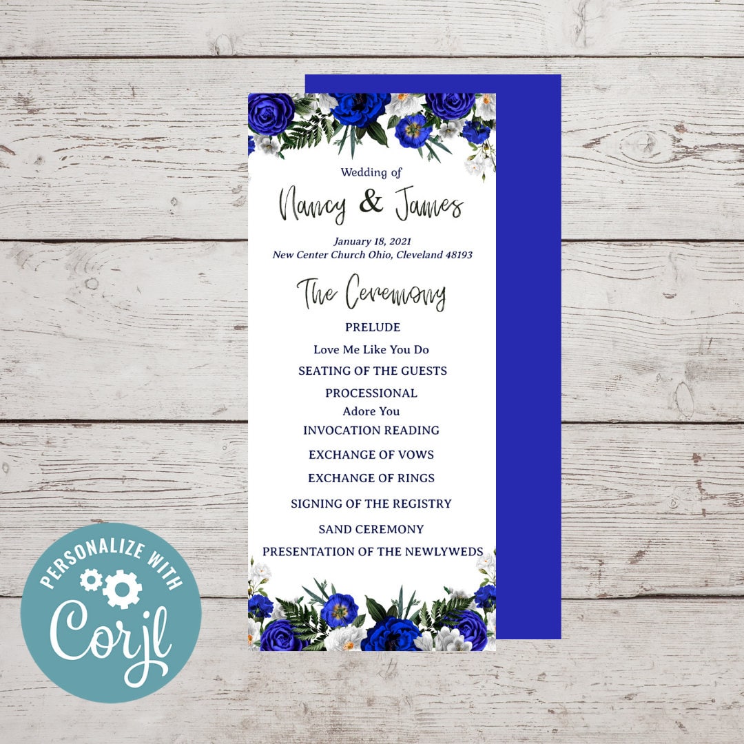 Royal Blue Floral Wedding Program 4x9 - Etsy
