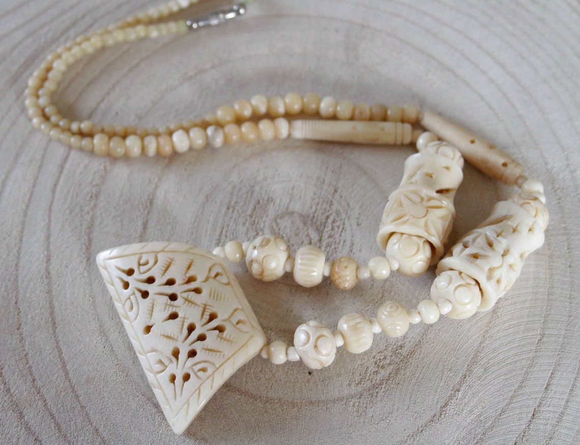 Vintage Large Carved Bone Necklace - Etsy UK
