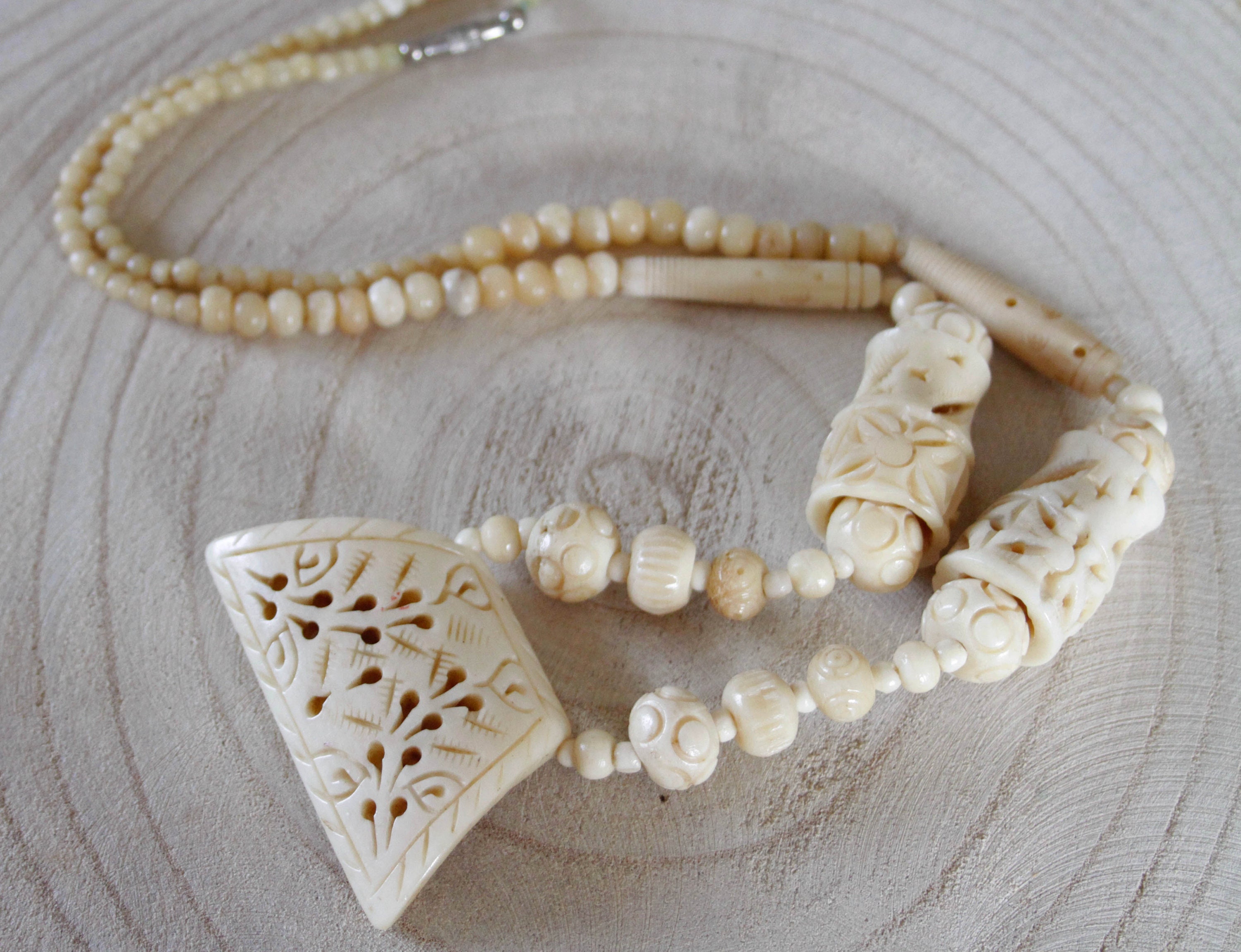 Vintage Large Carved Bone Necklace - Etsy UK