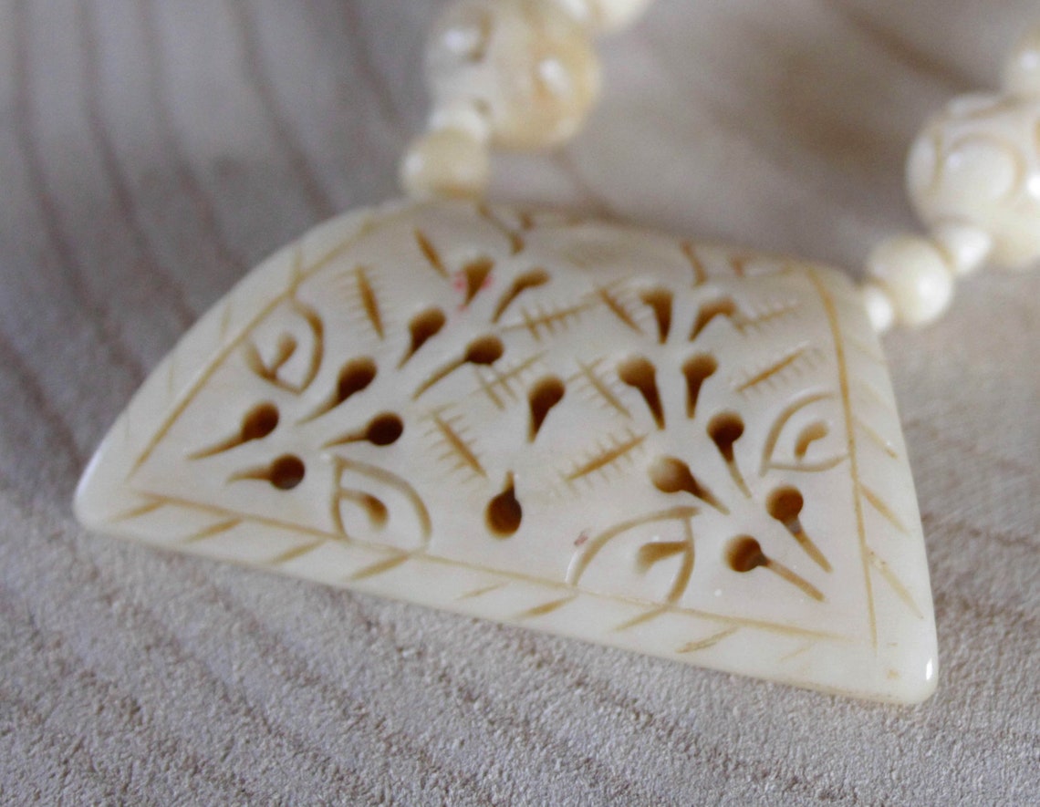 Vintage large carved bone necklace | Etsy