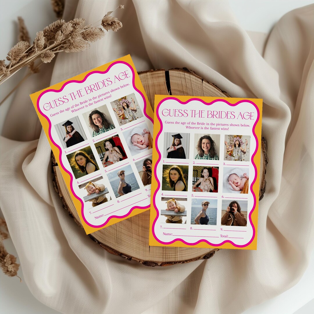 Guess the Brides Age Photo Game, Wavy Pink Orange Bridal Shower Game ...