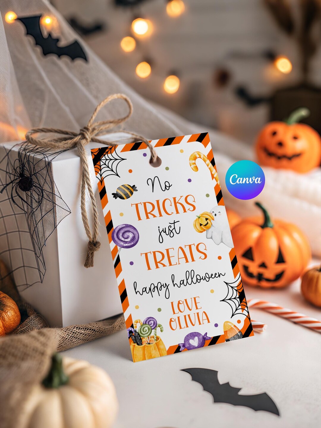 No Tricks Just Treats Halloween Gift Tag, Canva Printable Spooky School ...