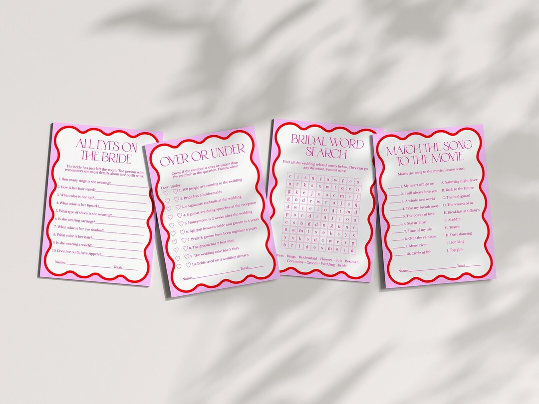 4 Pink and Red Bridal Shower Games, Editable Printable Wavy Bridal ...