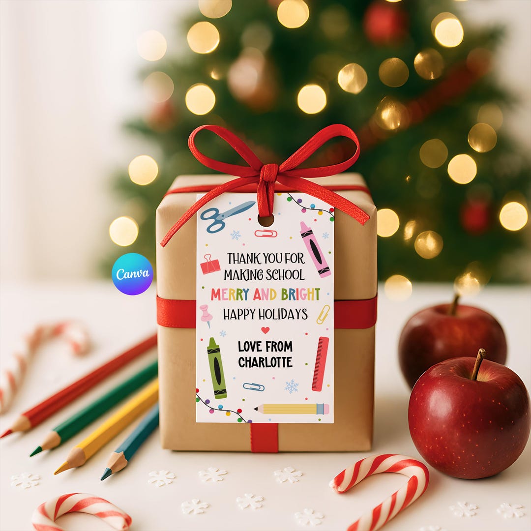 Merry and Bright School Christmas Gift Tag – Printable Canva Teacher ...