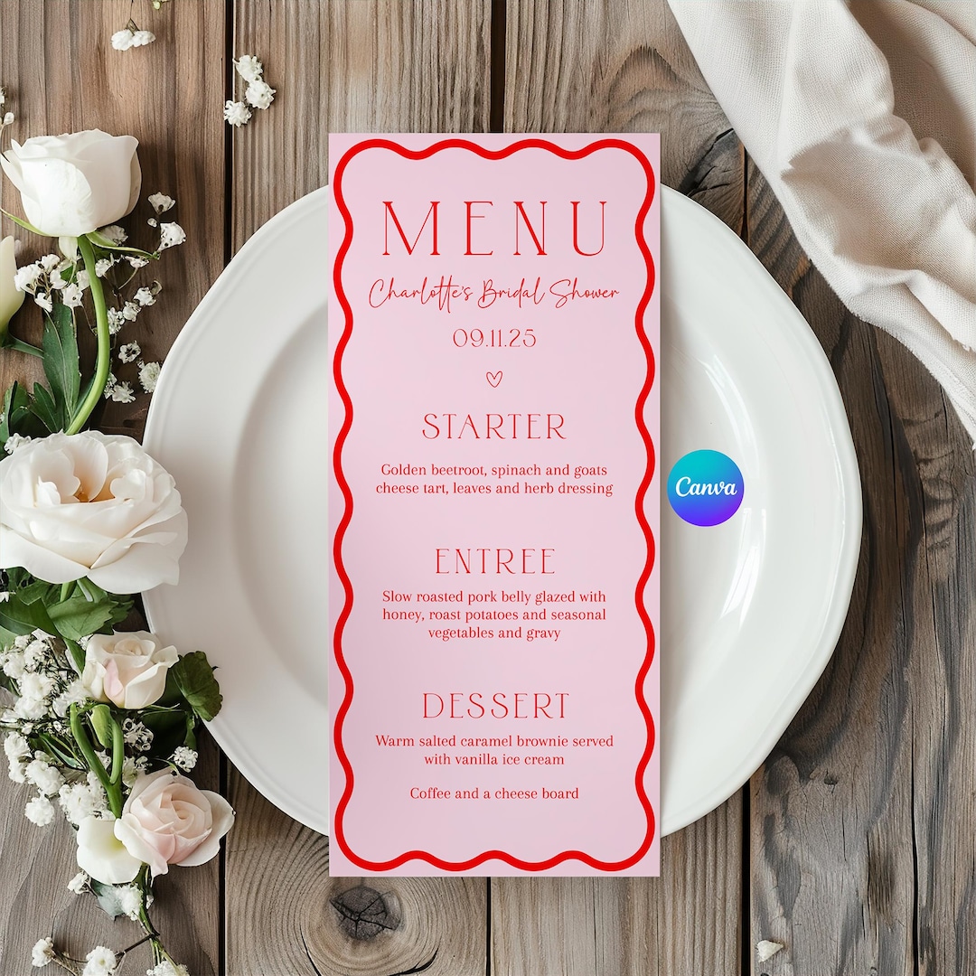 Wavy Border Bridal Shower Canva Menu, Pink Red Bridal Brunch Menu ...