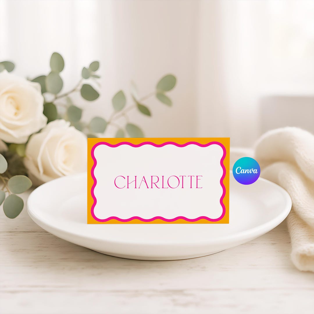 Wavy Border Canva Name Cards, Printable Pink and Orange Dinner Name ...