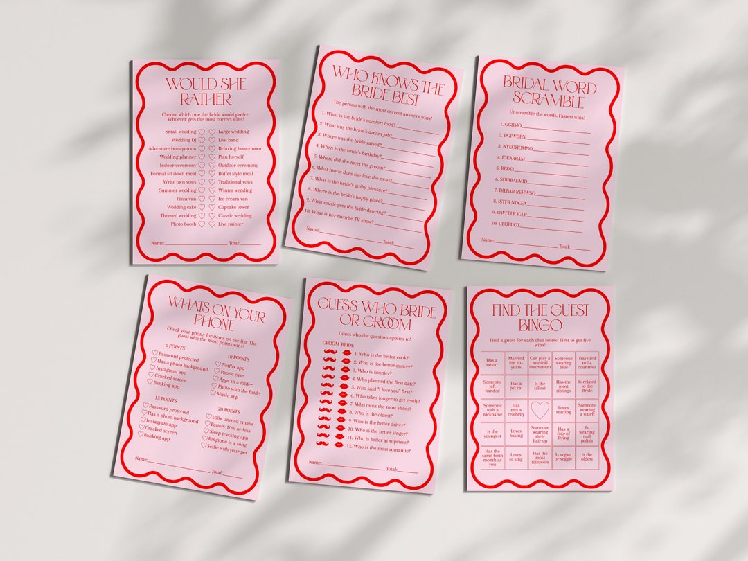 6 Pink and Red Wavy Bridal Shower Games, Editable Printable Wavy Bridal ...