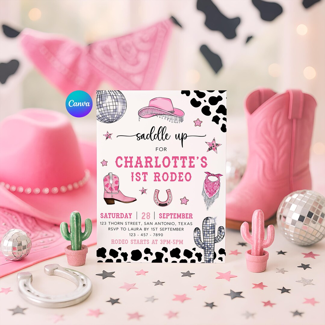 First Rodeo Girl Birthday Invitation, Canva Cowgirl Western Printable ...