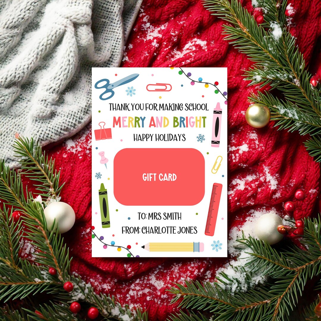 Merry and Bright Printable Gift Card Holder, Teacher Appreciation ...