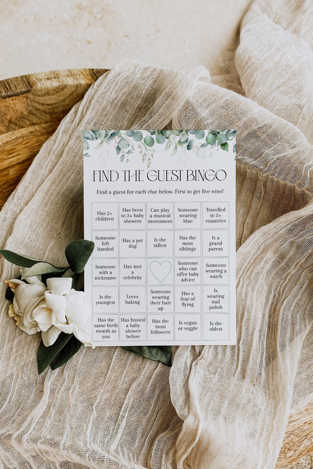 Eucalyptus Find the Guest Baby Shower Bingo Game, Baby Shower Bingo ...