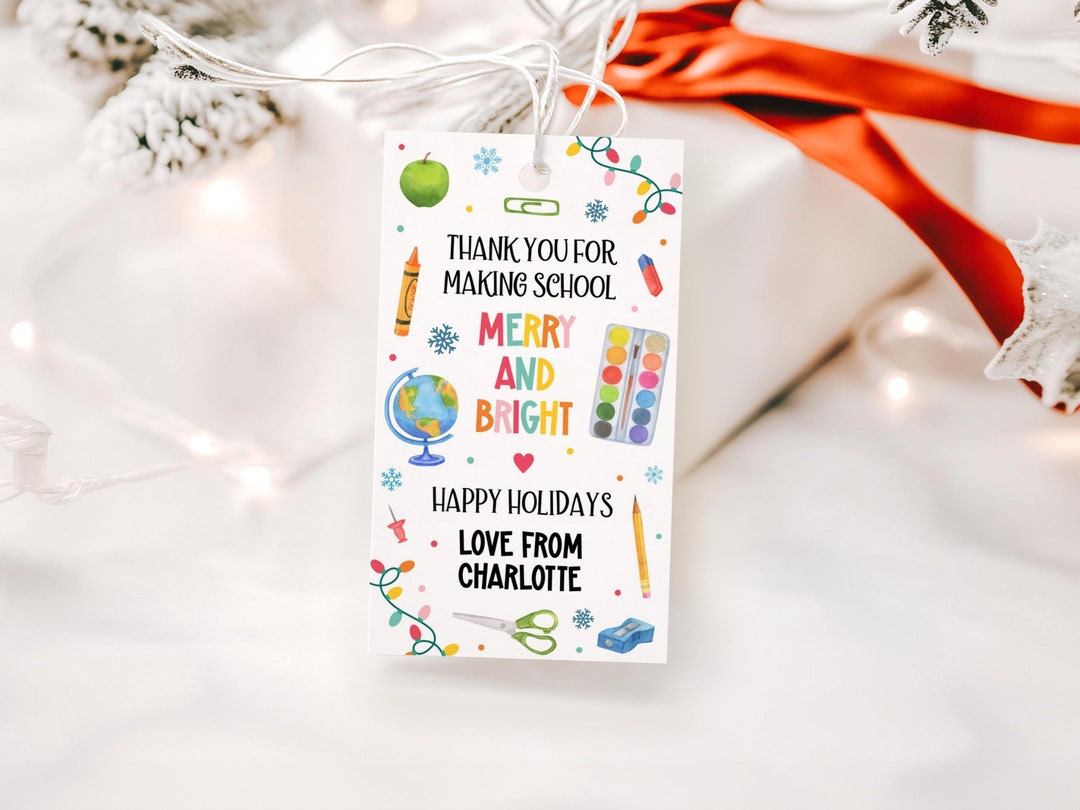 Merry and Bright Christmas School Gift Tag, Editable Printable Teacher ...