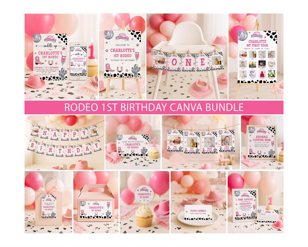 Cowgirl 1st Birthday Canva Party Bundle – Editable Pink Rodeo Theme ...