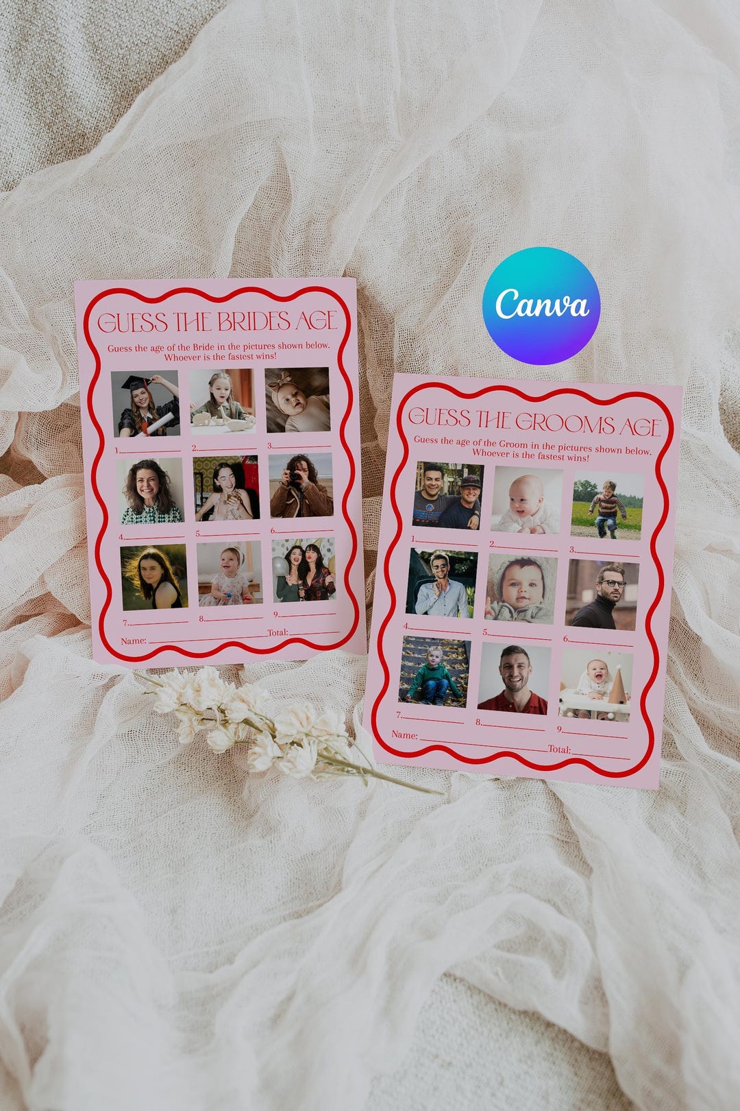 Guess the Brides Age Photo Game, Canva Wavy Pink Red Bridal Shower Game ...