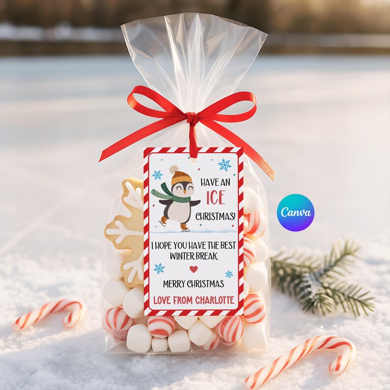 Penguin Christmas Printable Gift Tag, Canva Student Teacher Editable ...
