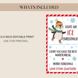 Penguin Christmas Printable Gift Tag, Student Teacher Editable Gift Tag ...