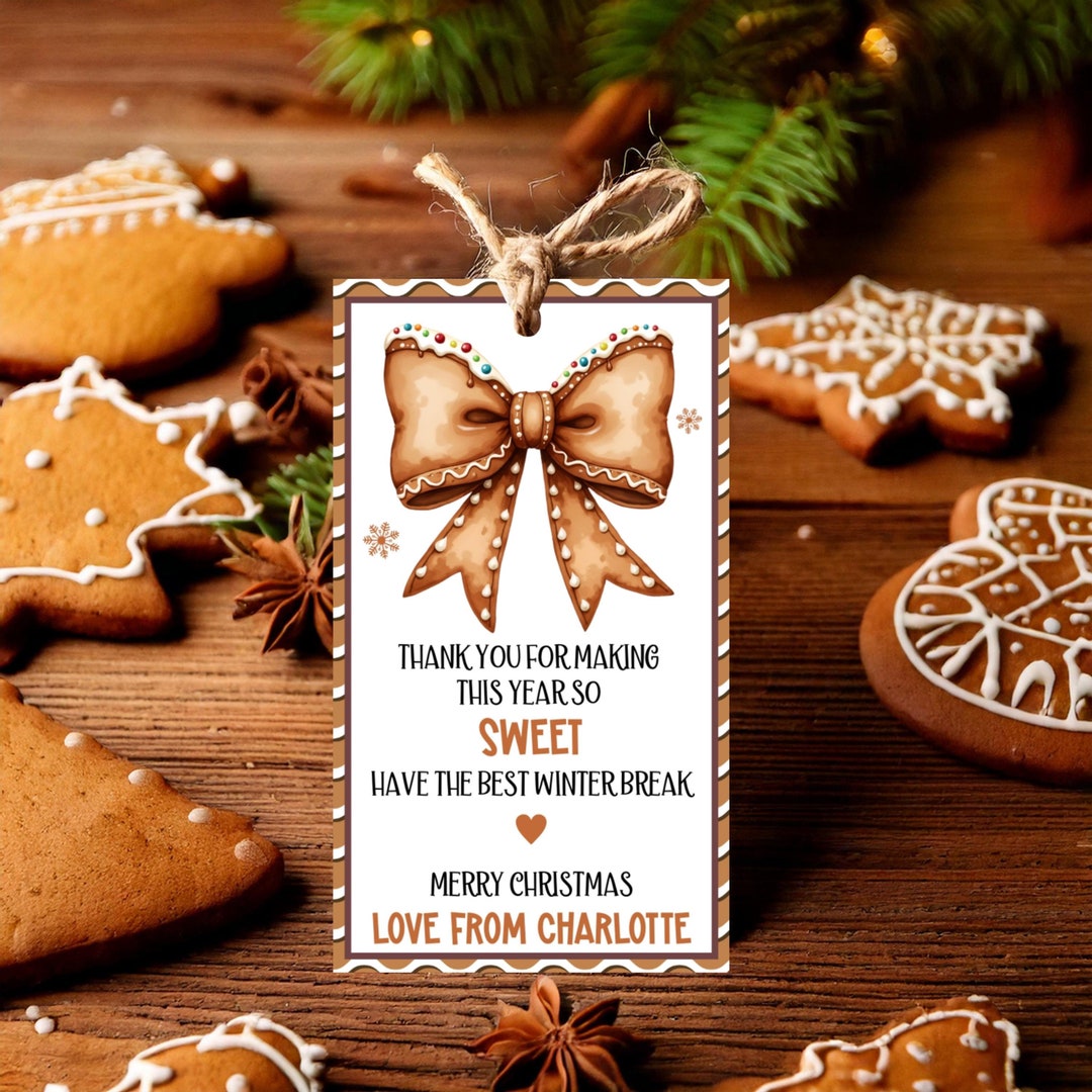 Sweet Treat Christmas Gift Tag, Holiday Bow Gingerbread Candy Printable ...