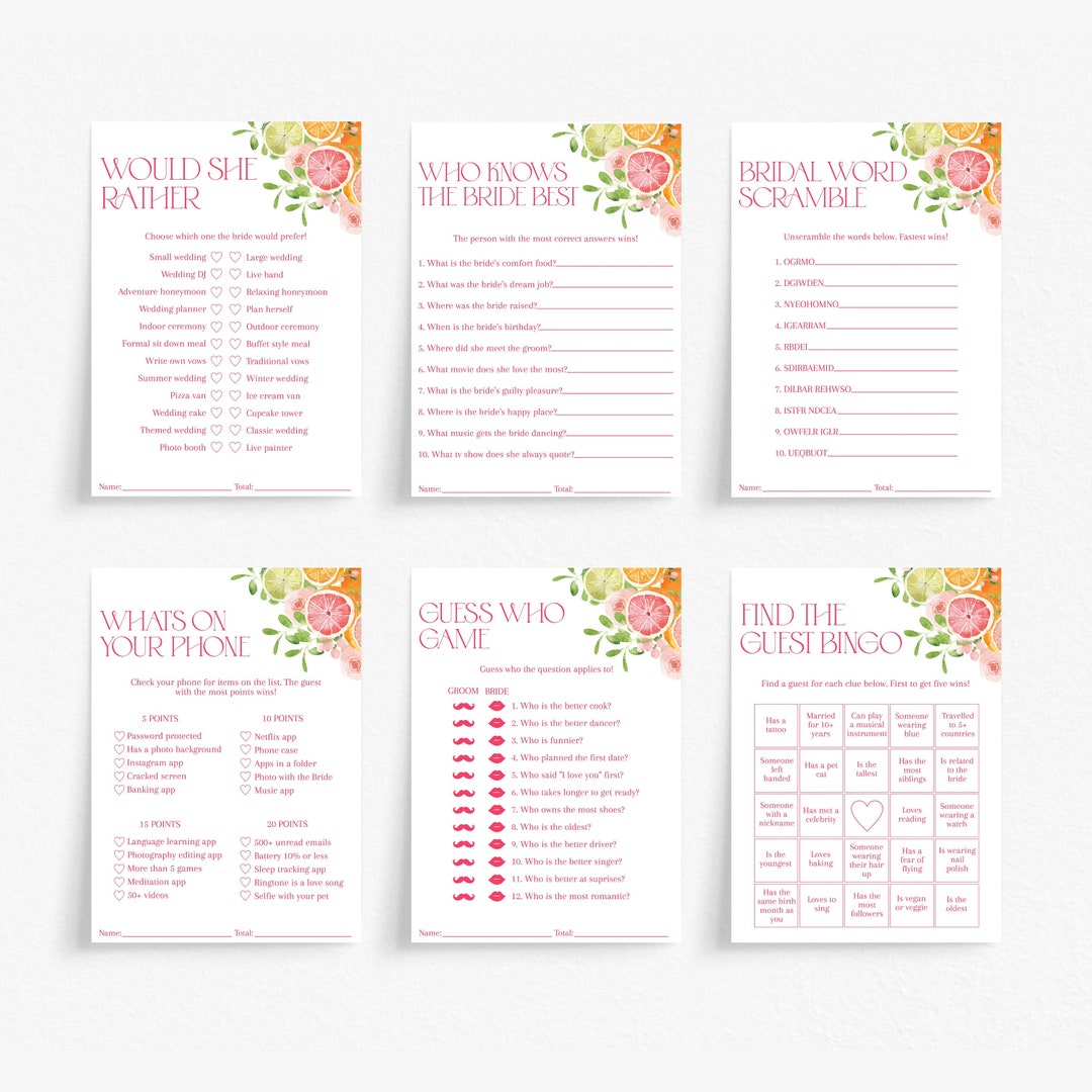 6 Citrus Bridal Shower Games, Citrus Floral Bridal Editable Printable ...
