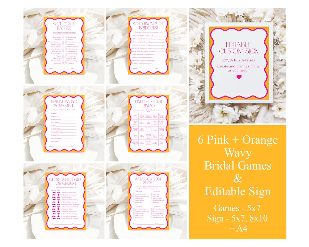 6 Pink and Orange Wavy Bridal Shower Games and Sign, Editable Printable ...