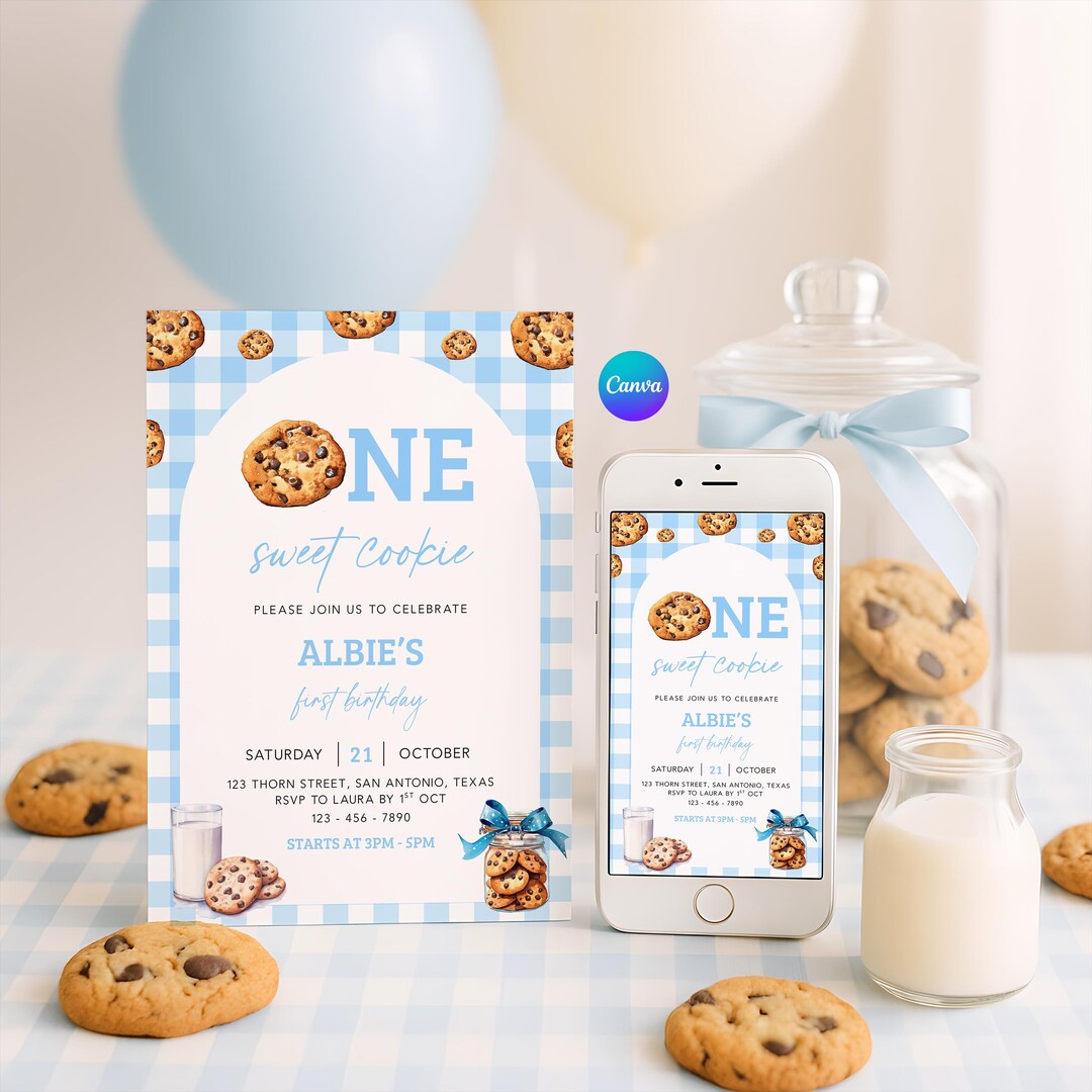 One Sweet Cookie Blue 1st Birthday Canva Invitation, Milk and Cookies ...