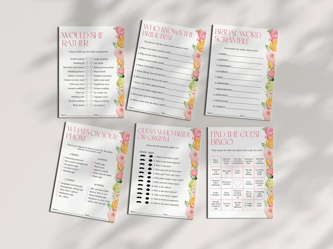 6 Citrus Bridal Shower Games, Citrus Floral Bridal Editable Printable ...