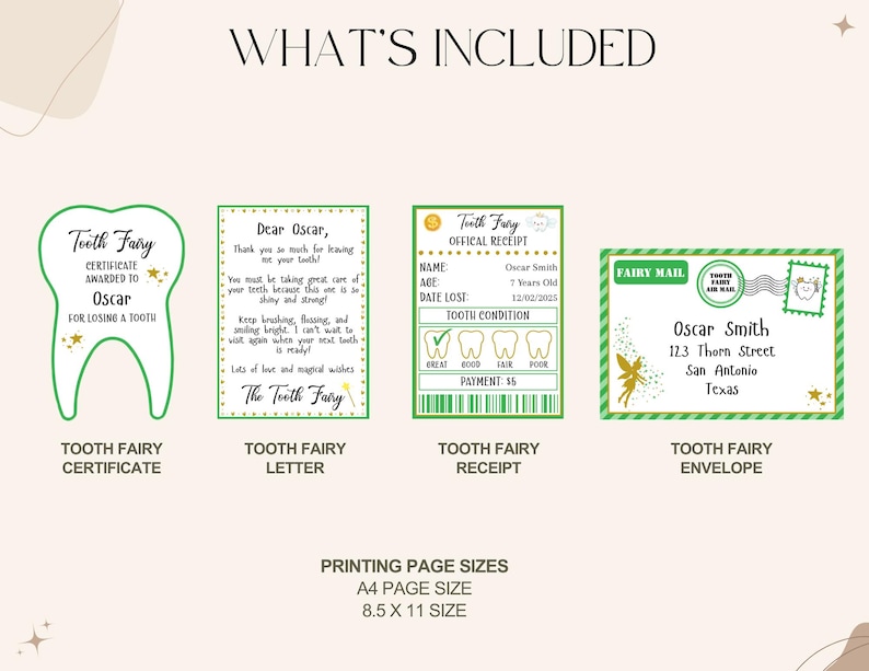 Printable Mini Tooth Fairy Green Letter Set, Canva Editable Tooth Fairy ...