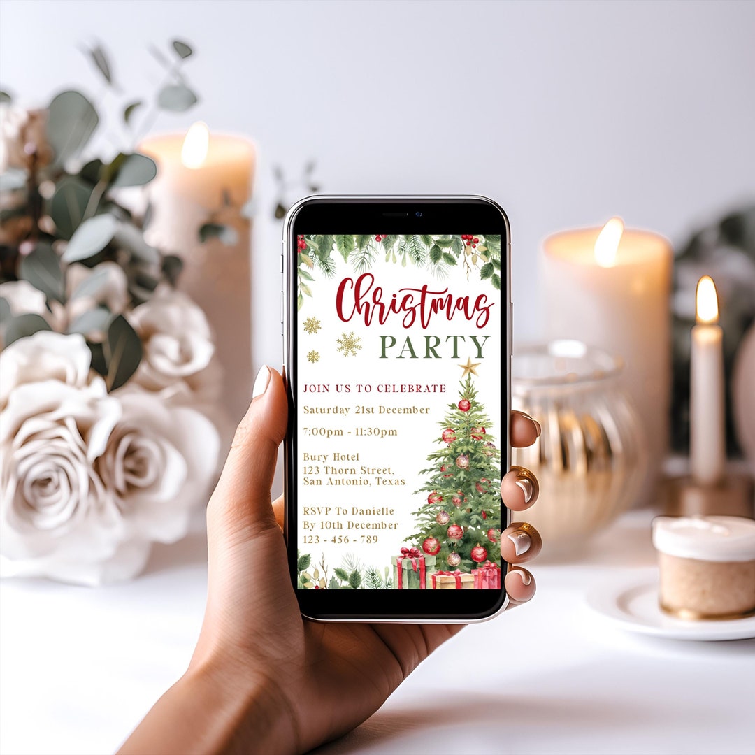 Christmas Party Editable Phone Invitation, Christmas Tree Theme Holiday ...