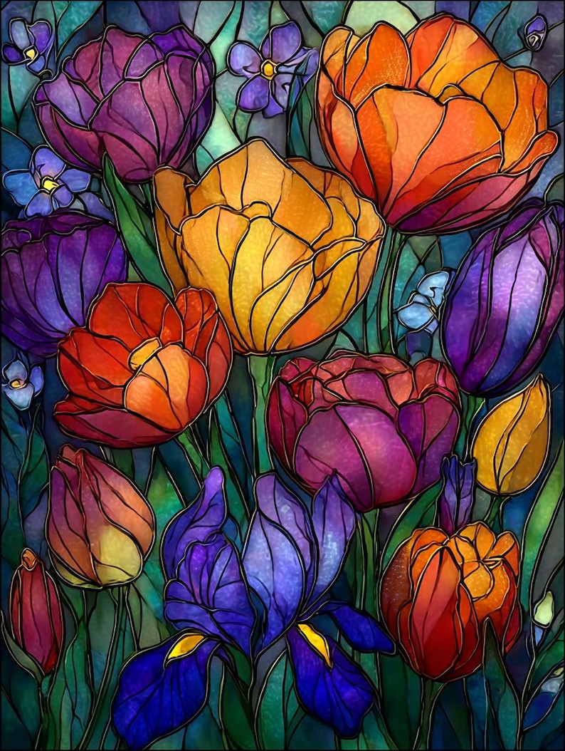 Stained Glass Tulips, Roses, Irises DIY Diamond Painting Kit, Full ...