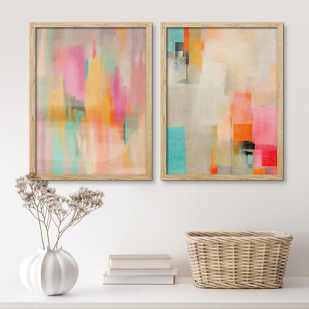 SIGNWIN 2 Piece Framed Wall Art Pastel Paint Stroke Collage Print ...