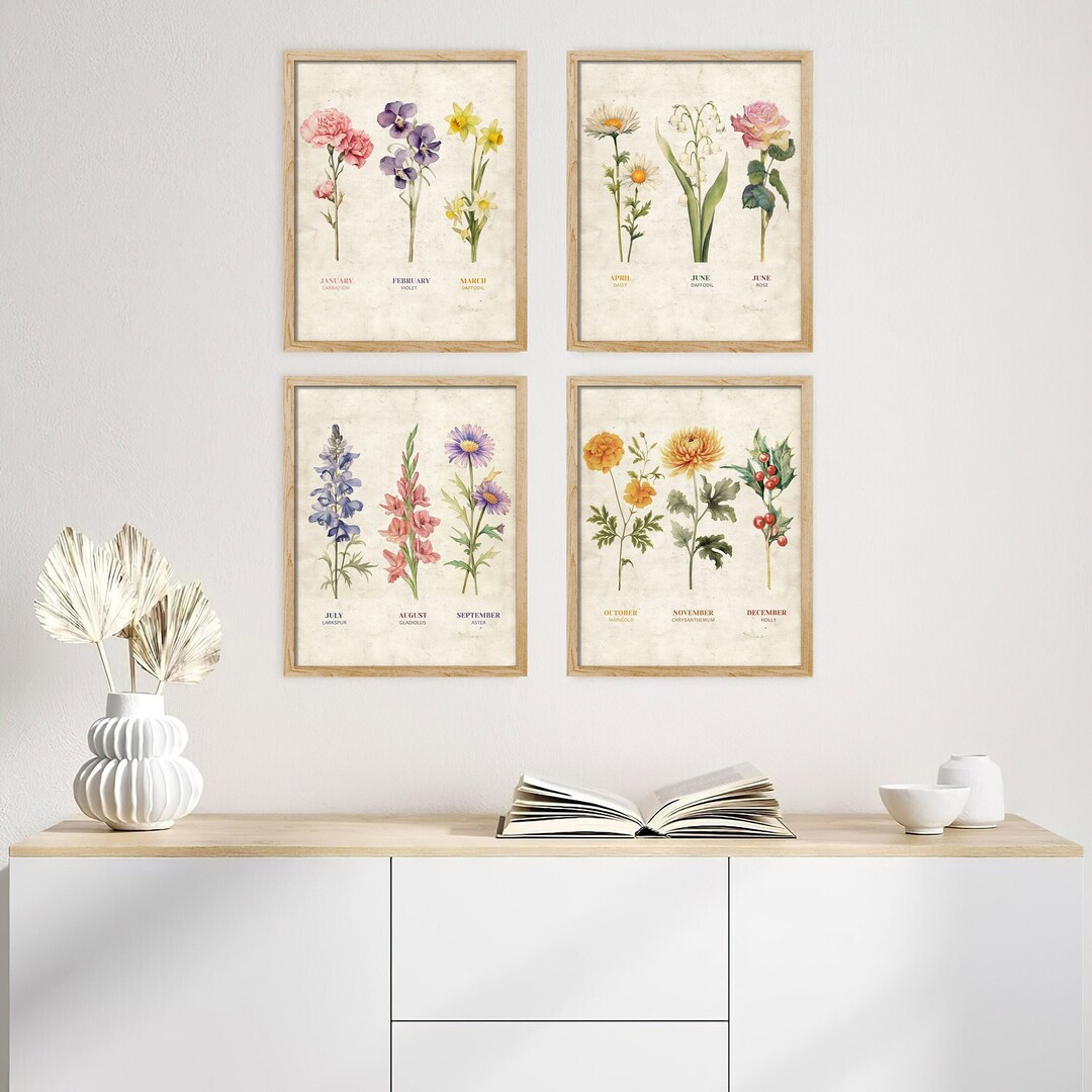 Framed Wall Art Set of 4 Birth Month Flower Prints Wildflower Botanical ...