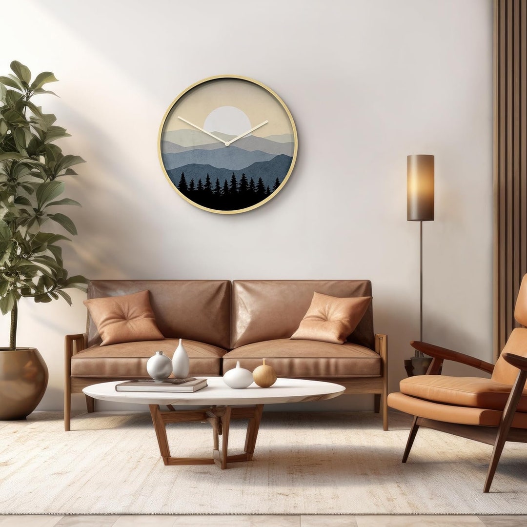 Wood Wall Art Clock, Mountain Wall Clock, Mid Century Wall Clock, 24in ...