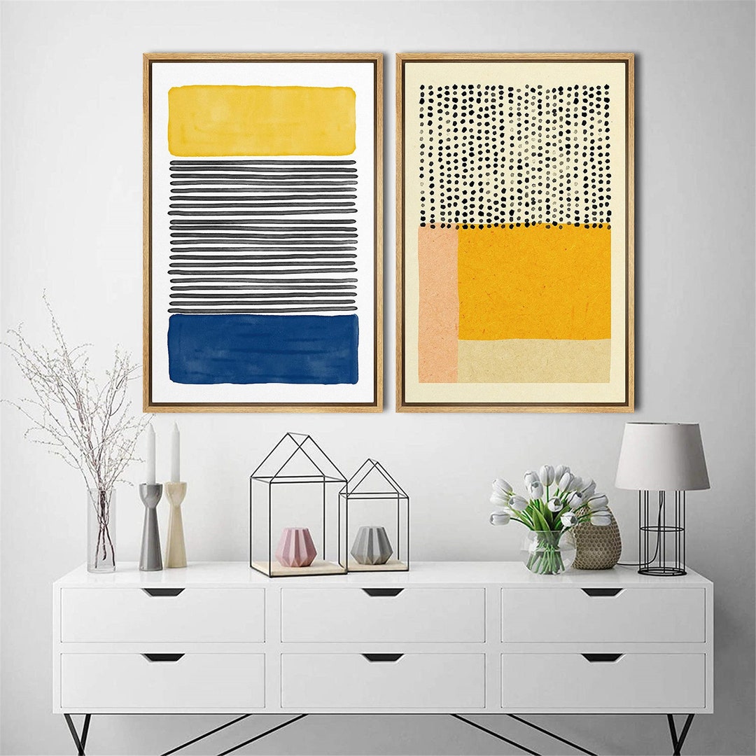 SIGNWIN 2 Piece Framed Canvas Wall Art Abstract Yellow, Blue & Orange ...