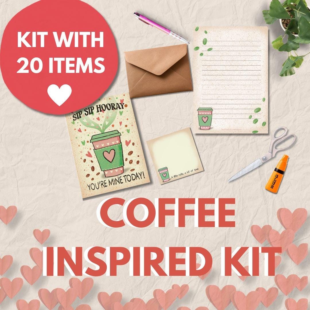 Coffee-themed Stationery Kit: Greeting Card, Writing Paper & Love Notes ...
