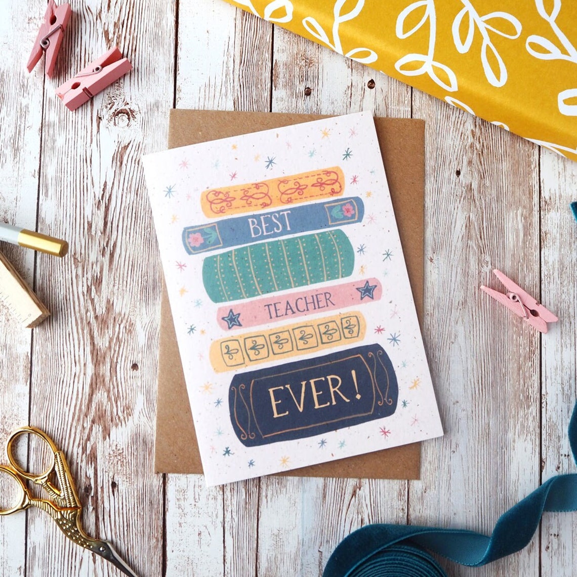 Best Teacher Ever Thank You Teacher Card Stack of Books | Etsy