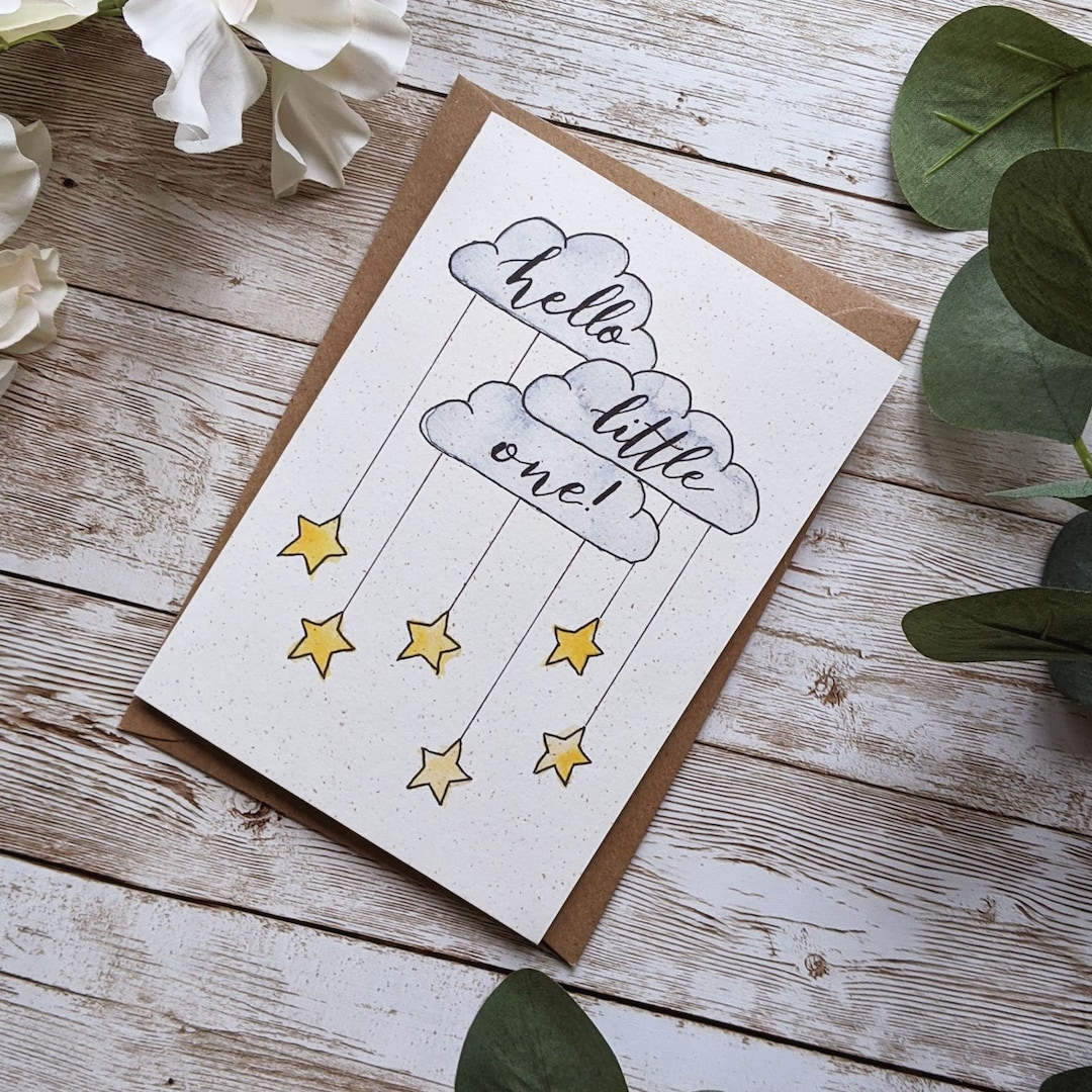 Hello Little One | Clouds Stars New Baby Card | Hand Painted ...