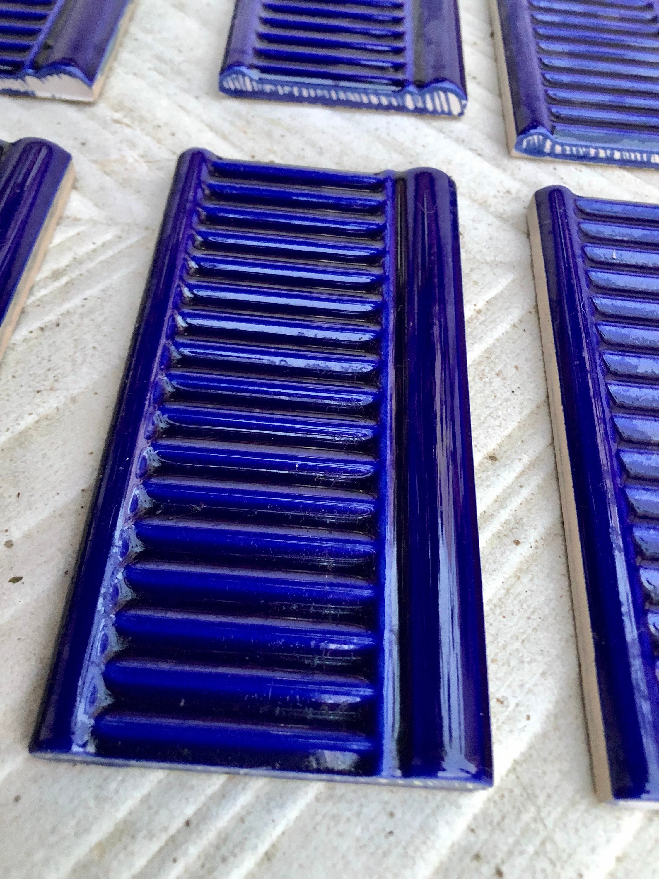 6 BLUE Art Nouveau Style Border Tiles. Glazed NEW Ceramic Embossed ...
