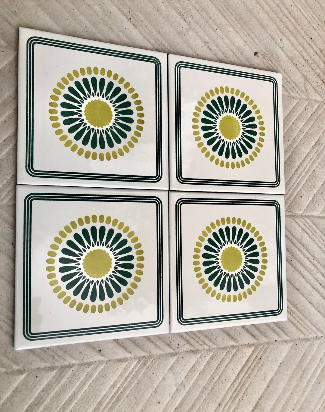 60s 70s Spanish Vintage Green Retro Tiles. 4 Mid Century ORIGINAL ...