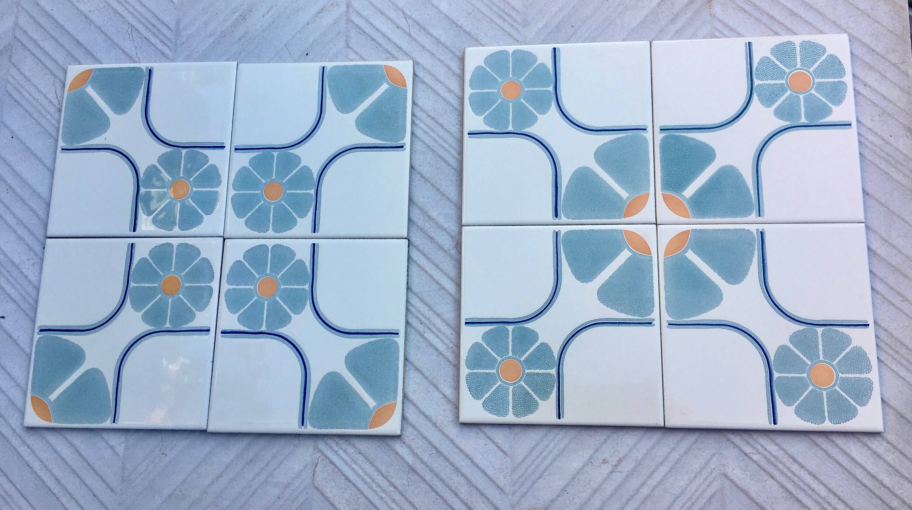 Vintage Tiles From Spain. 4 Tile Mural. 70s Flower Power in Blue and ...
