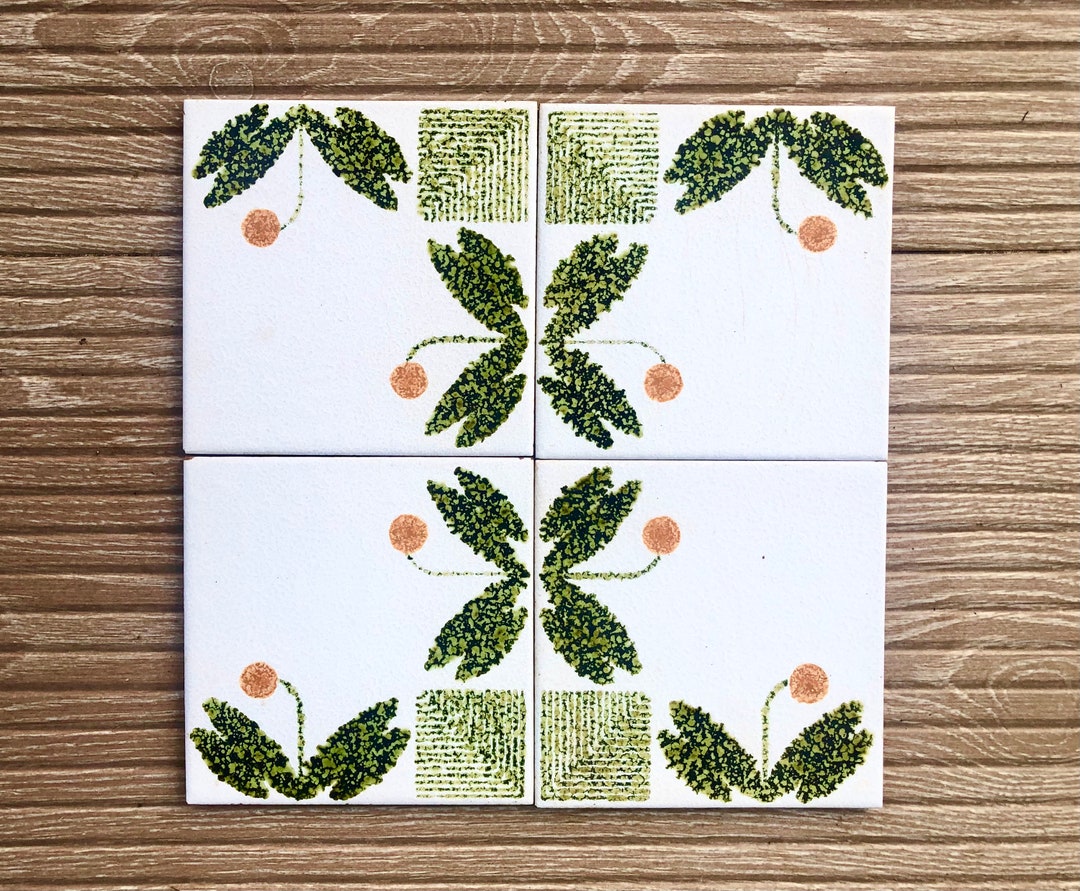 Vintage Tiles From Spain. 4 Tile Mural. 70s Geometric Fat Lava in Green ...