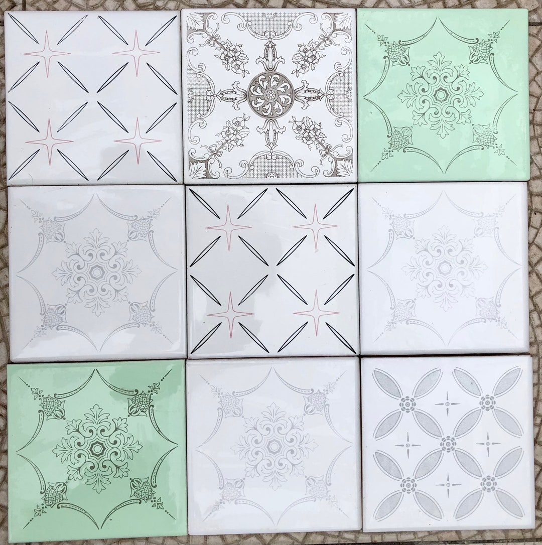 60s 70s Vintage Atomic Tiles, UNUSED. 9 Pc Set Mint,pink, Gray + White ...