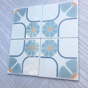 Vintage Tiles From Spain. 4 Tile Mural. 70s Flower Power in Blue and ...