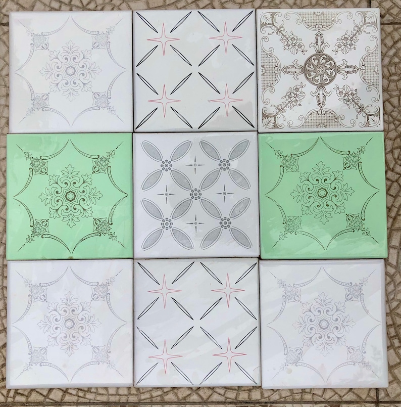 60s 70s Vintage Atomic Tiles, UNUSED. 9 Pc Set Mint,pink, Gray + White ...
