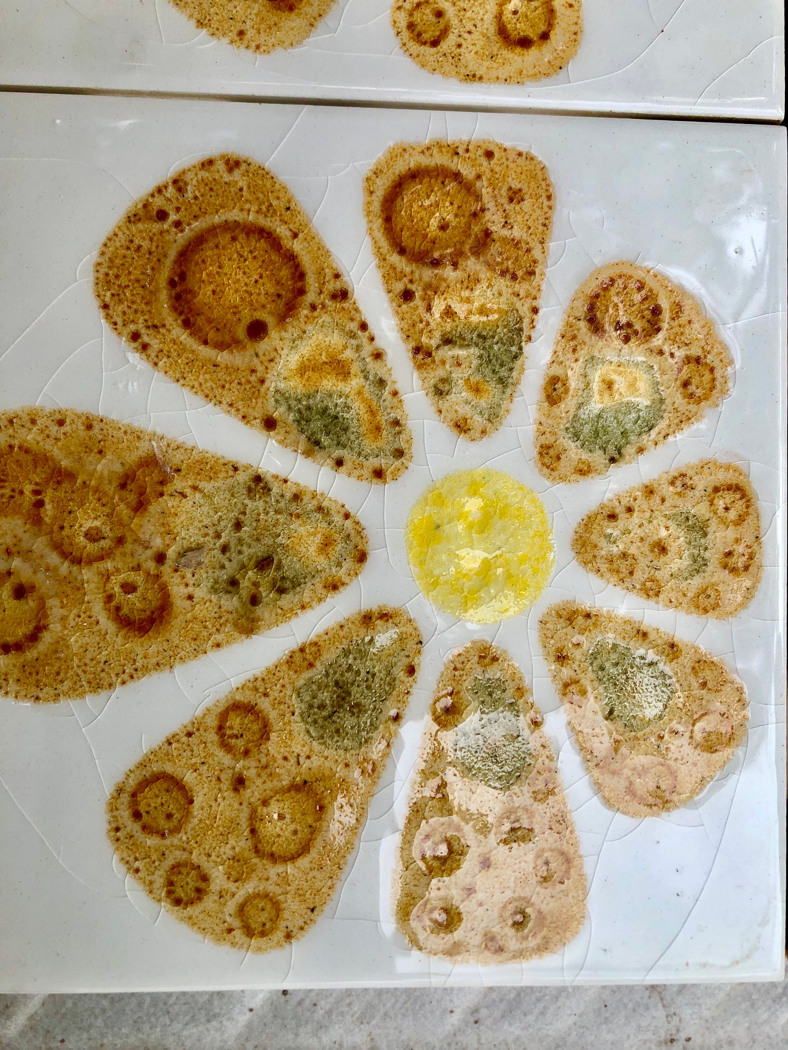 Vintage Ochre, Yellow, Orange Glazed Retro Tiles. UNUSED MCM Fat Lava Decorative Tile Mural. 4 ...