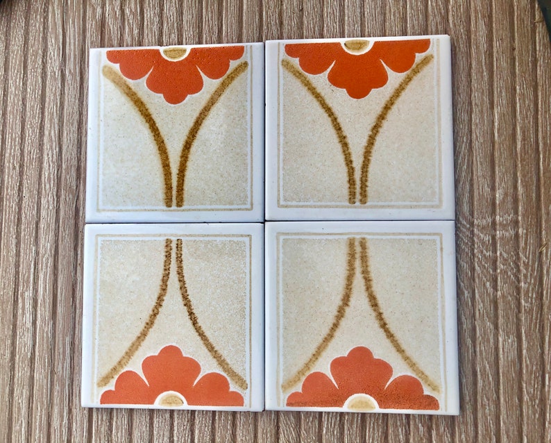 ORIGINAL Orange Retro Tiles. 4 Mid Century Groovy Flower Power ...