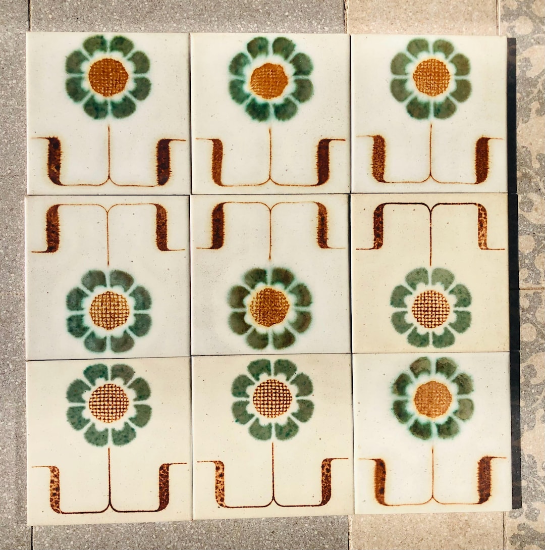 70s Spanish Vintage Retro Tiles. Green + Brown Fat Lava Mid Century ...