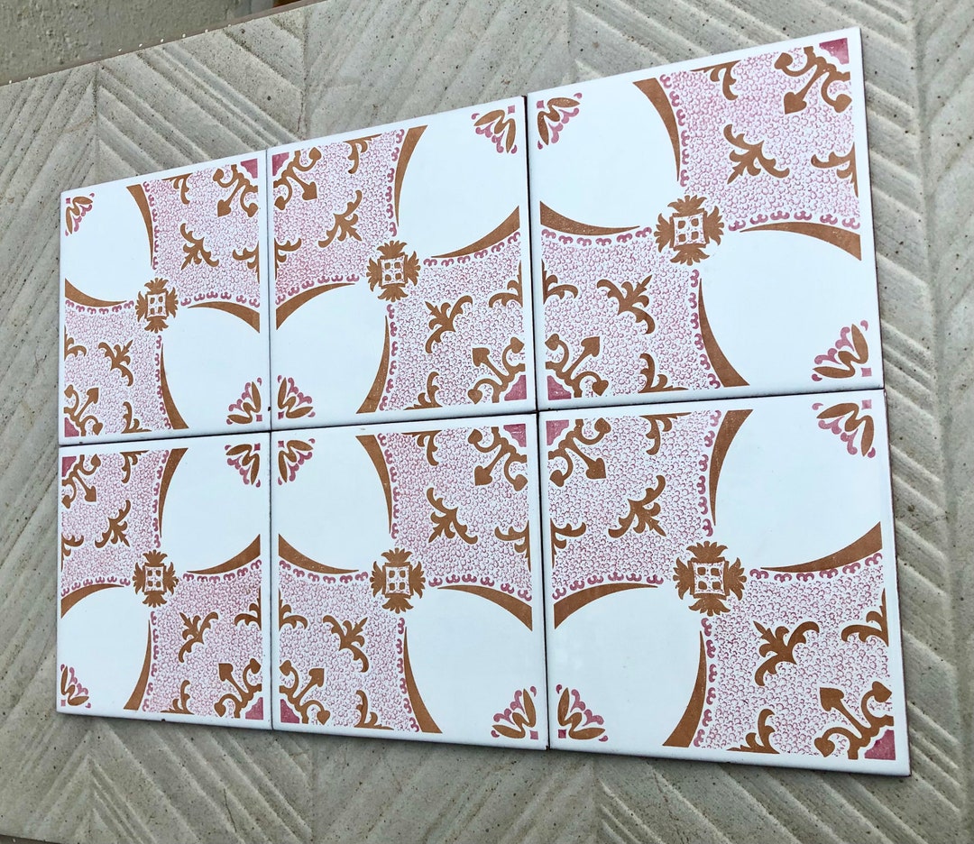 6 Spanish 70s Pink Tiles.vintage Floral Tile Mural. 60s, 70s Decor, Mid ...