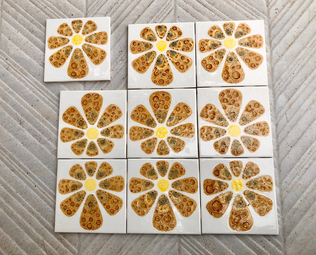 Vintage Ochre, Yellow, Orange Glazed Retro Tiles. UNUSED MCM Fat Lava ...