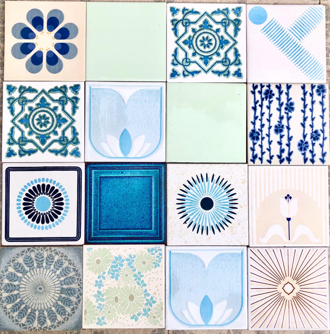Vintage Tiles From Spain. 16 Pc Mural. 70s Fat Lava Style Blue ...
